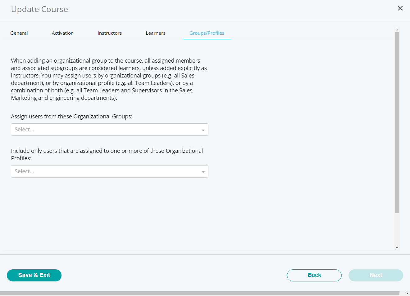 Create Course - Groups/Profiles – enabley